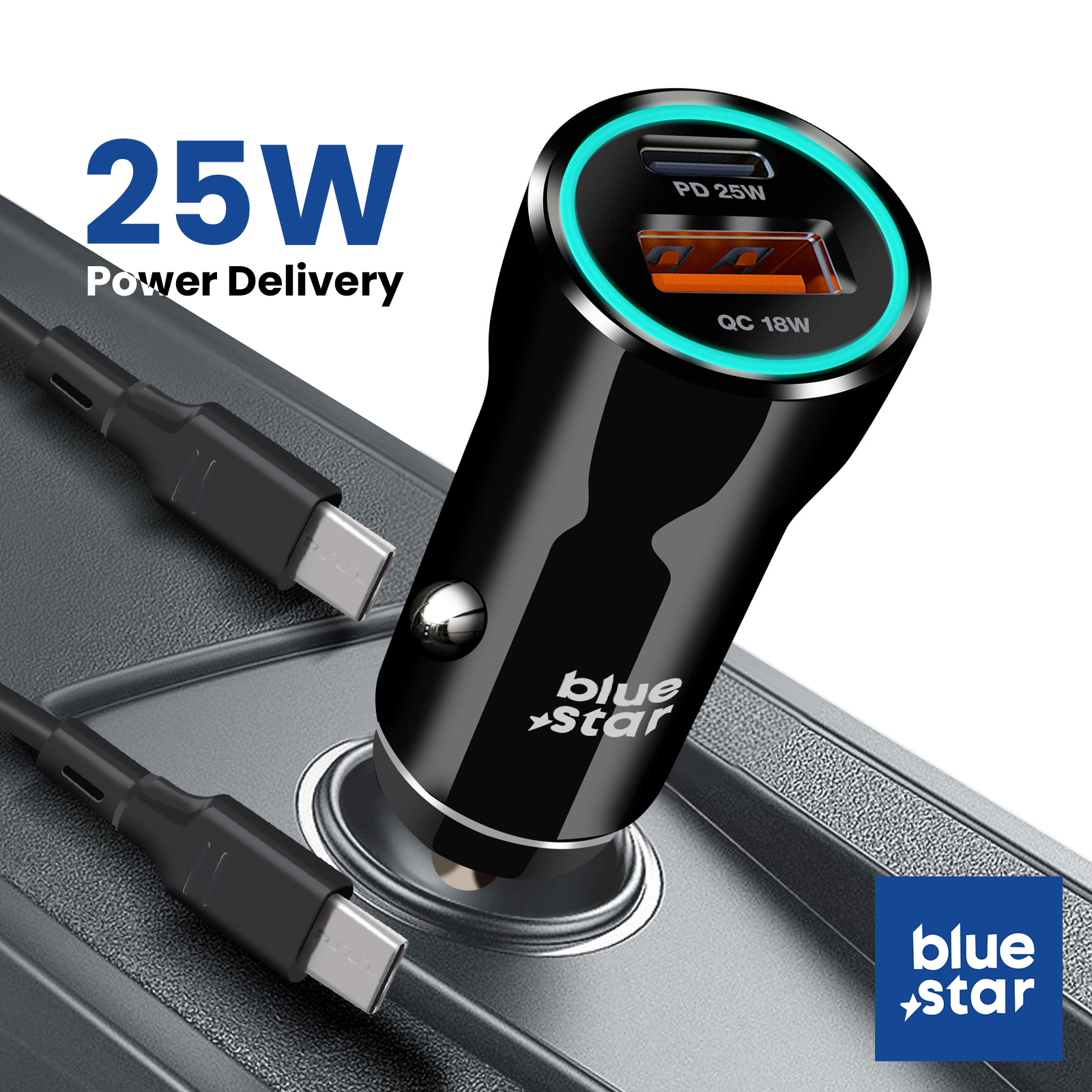 Chargeur Voiture USB-C + USB 25W Blue Star Noir - Câble USB-C inclus ... Chargeur Voiture USB-C + USB 25W Blue Star Noir - Câble USB-C inclus ...