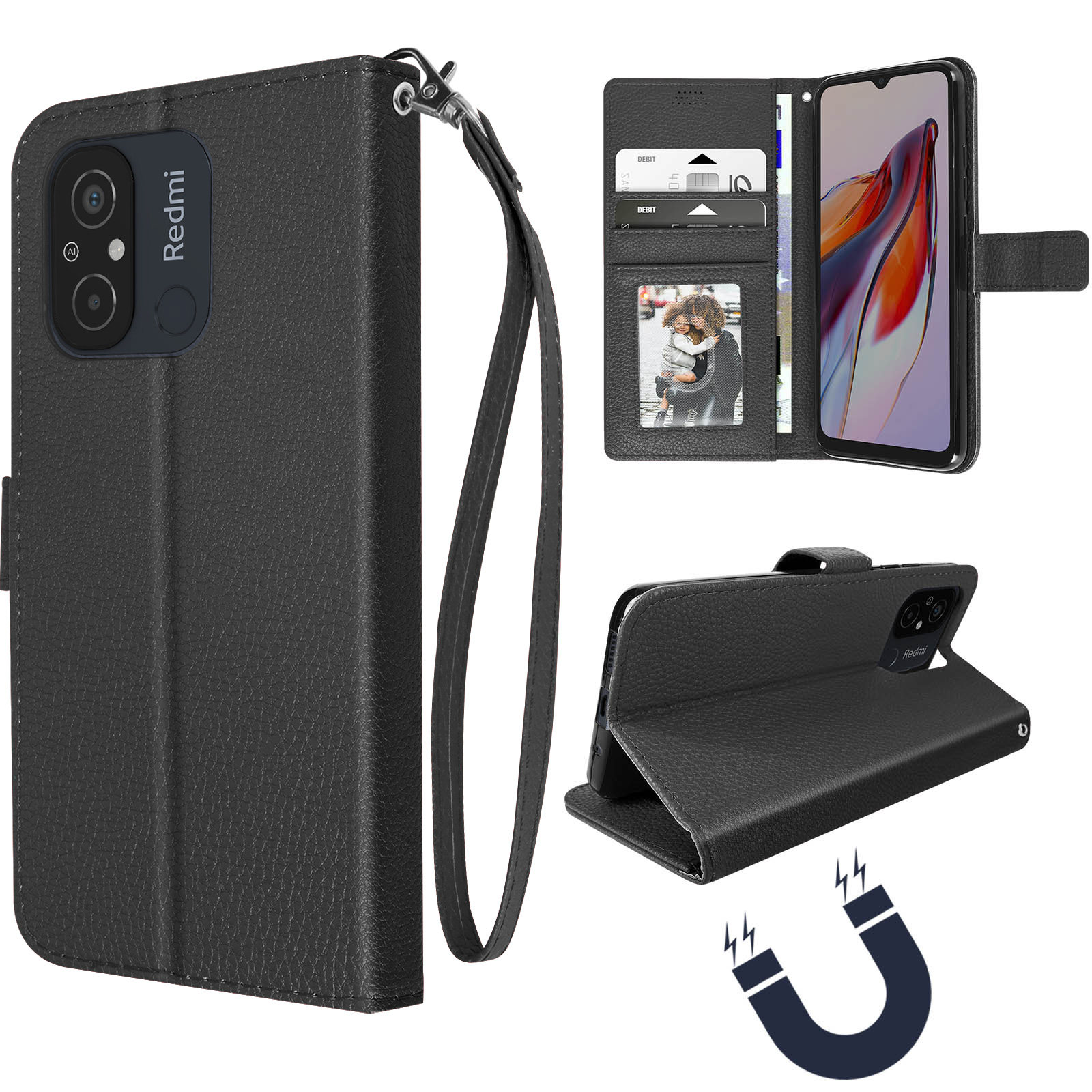 Housse Xiaomi Redmi 12C portefeuille support vidéo, languette ...