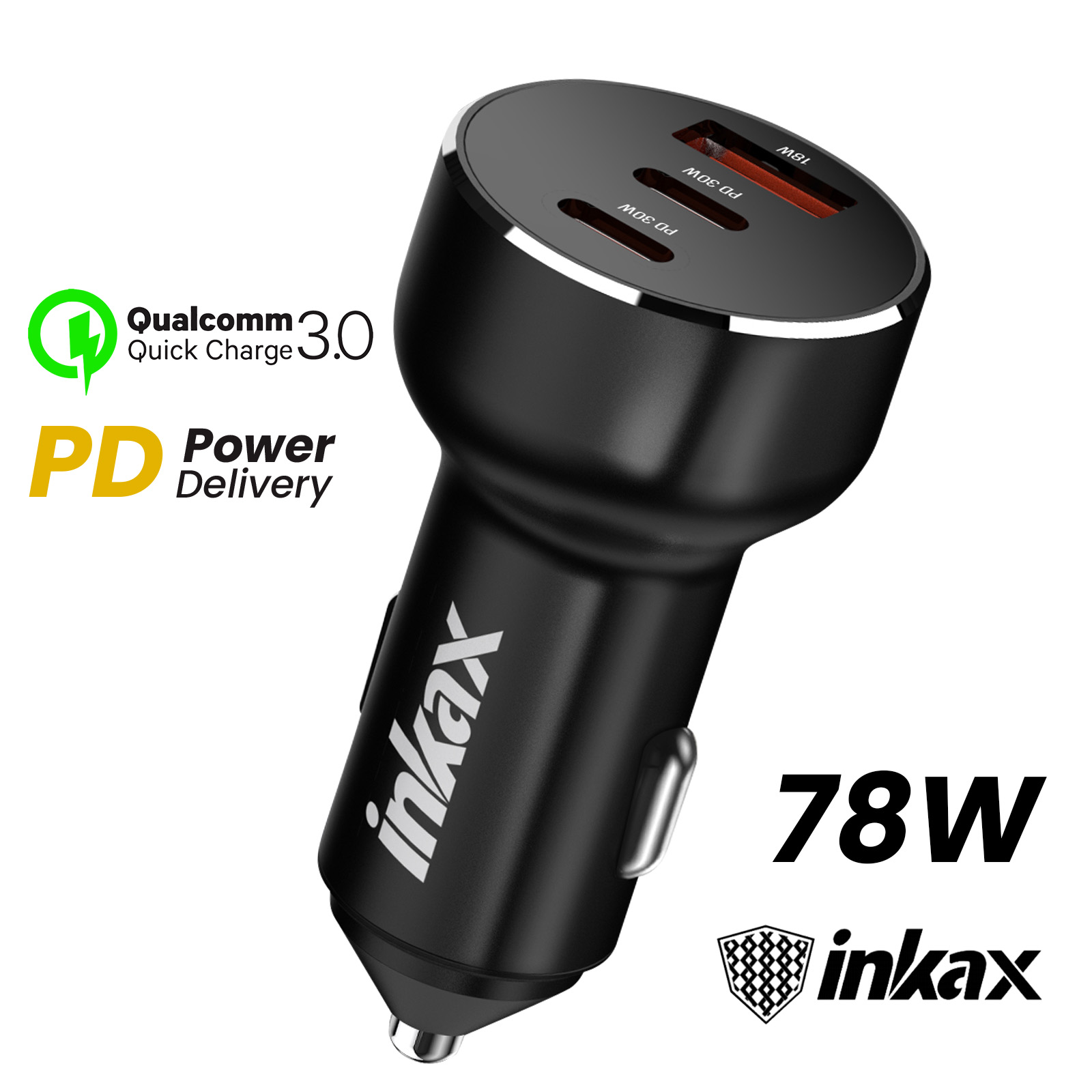 Chargeur Voiture 78W Double USB-C + USB - Inkax Noir - Français