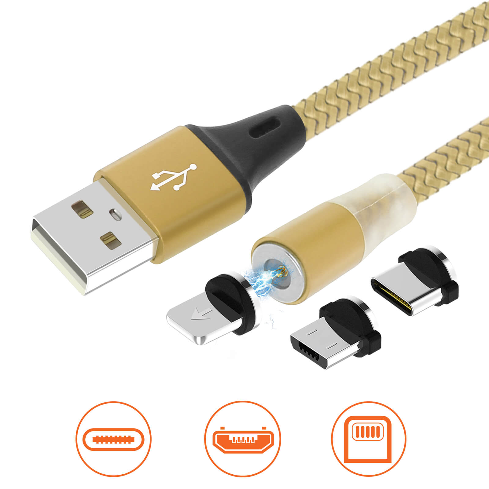 Cable 3 en 1 Magnético 1m USB-C / Micro-USB / Lightning - Dorado para ...