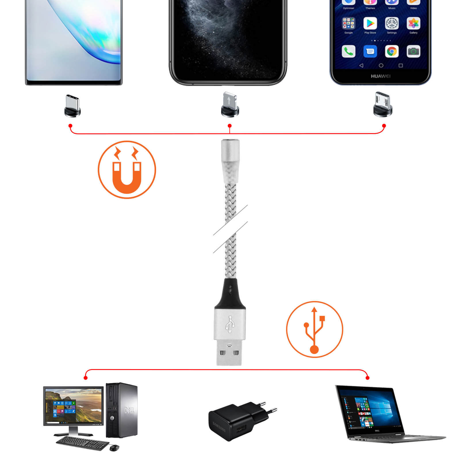 3-in-1-Magnetkabel, 1m USB-C / Micro-USB / Lightning Kabel – Silber für ...