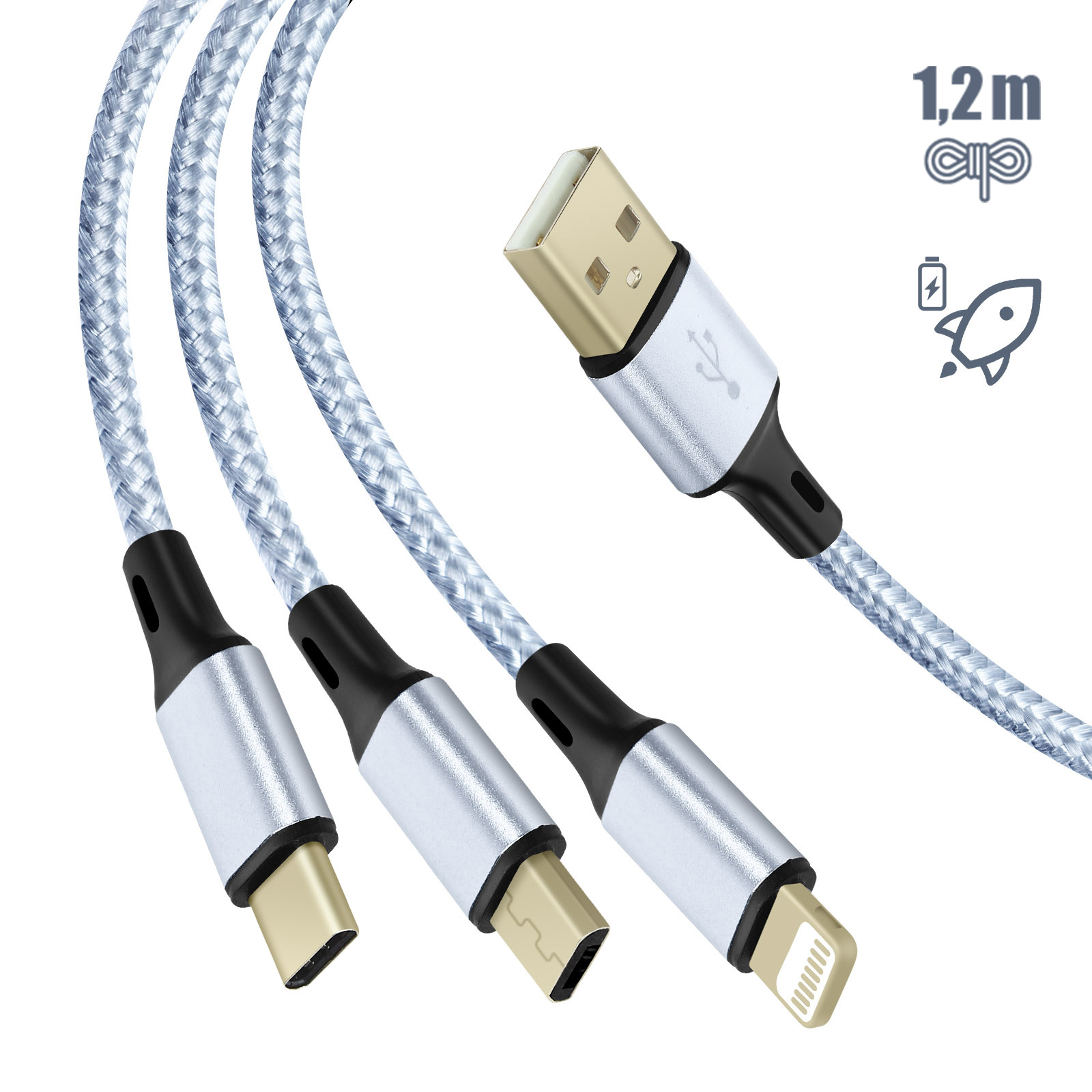 Cabo Multi USB 3 en 1 Trançado e Reforçado - USB-C, Micro-USB e ...