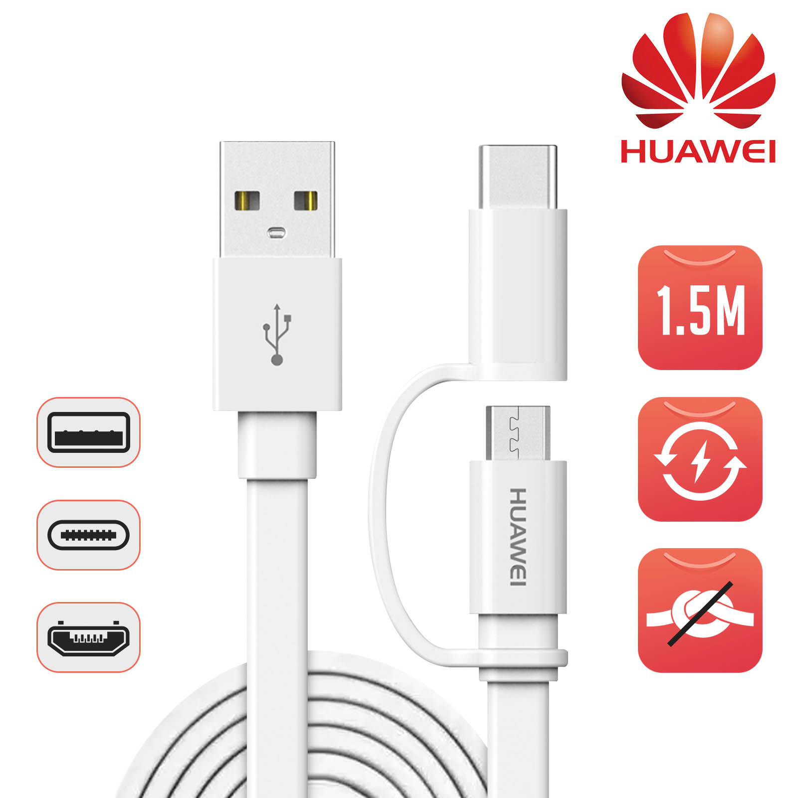 Cabo original Huawei micro-USB / USB C, 2 em 1, Charge & Sync, 1.5m ...