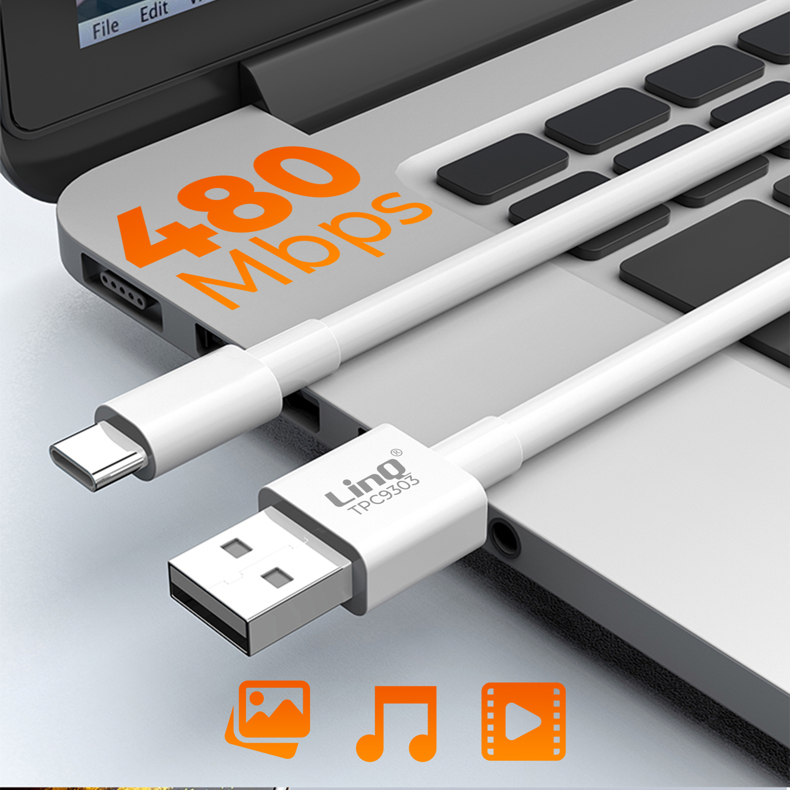 Câble USB vers USB-C Charge Ultra-rapide 5A - Longueur 3m, LinQ - Blanc ...