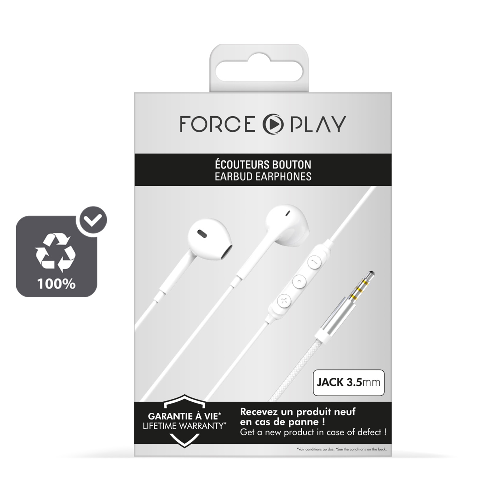 Écouteurs Force Play Jack 3.5mm, Garantie a vie - Kit Mains Libres avec ...