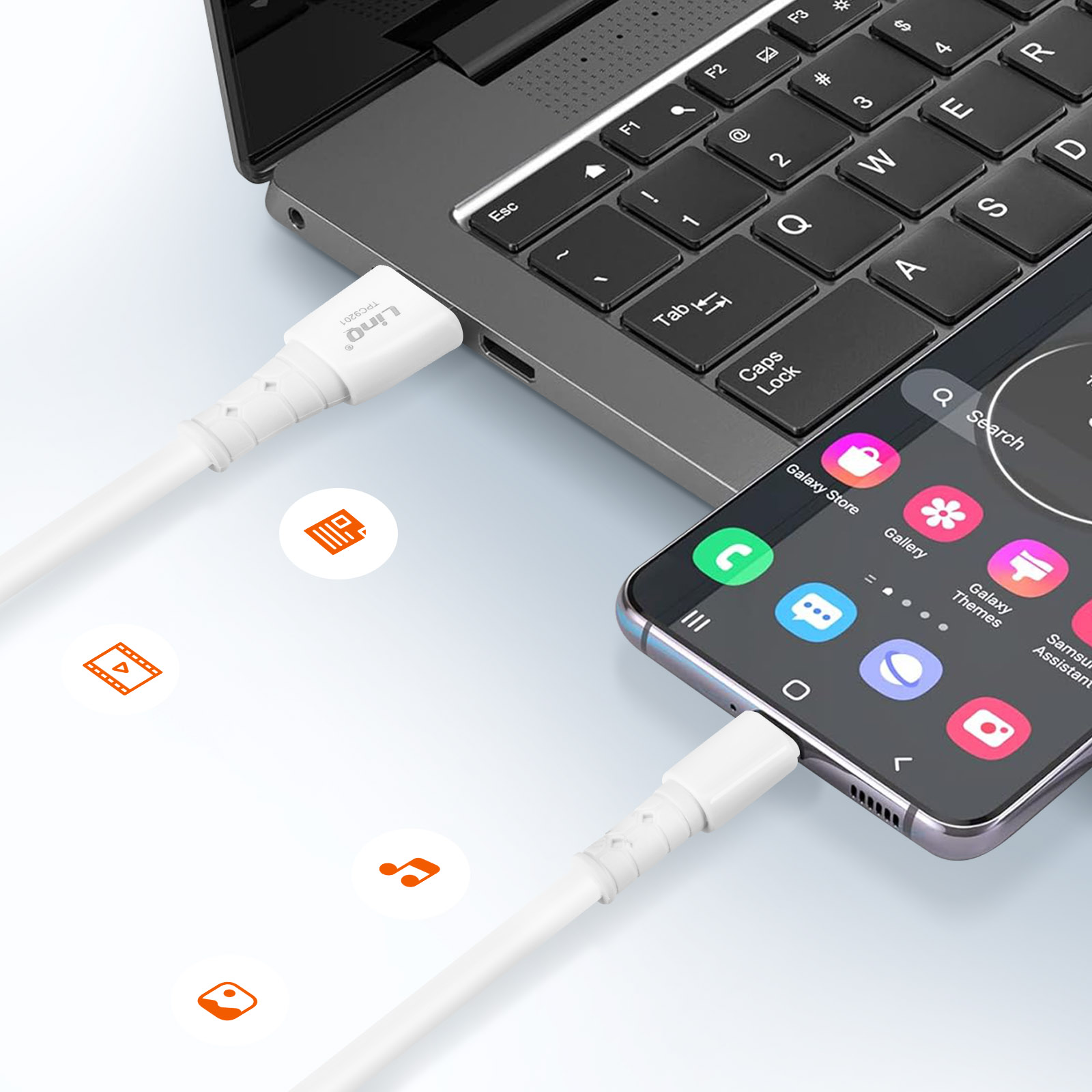 Câble USB vers USB C Fast Charge 5A, Longueur 1.2m, LinQ - Blanc - Français