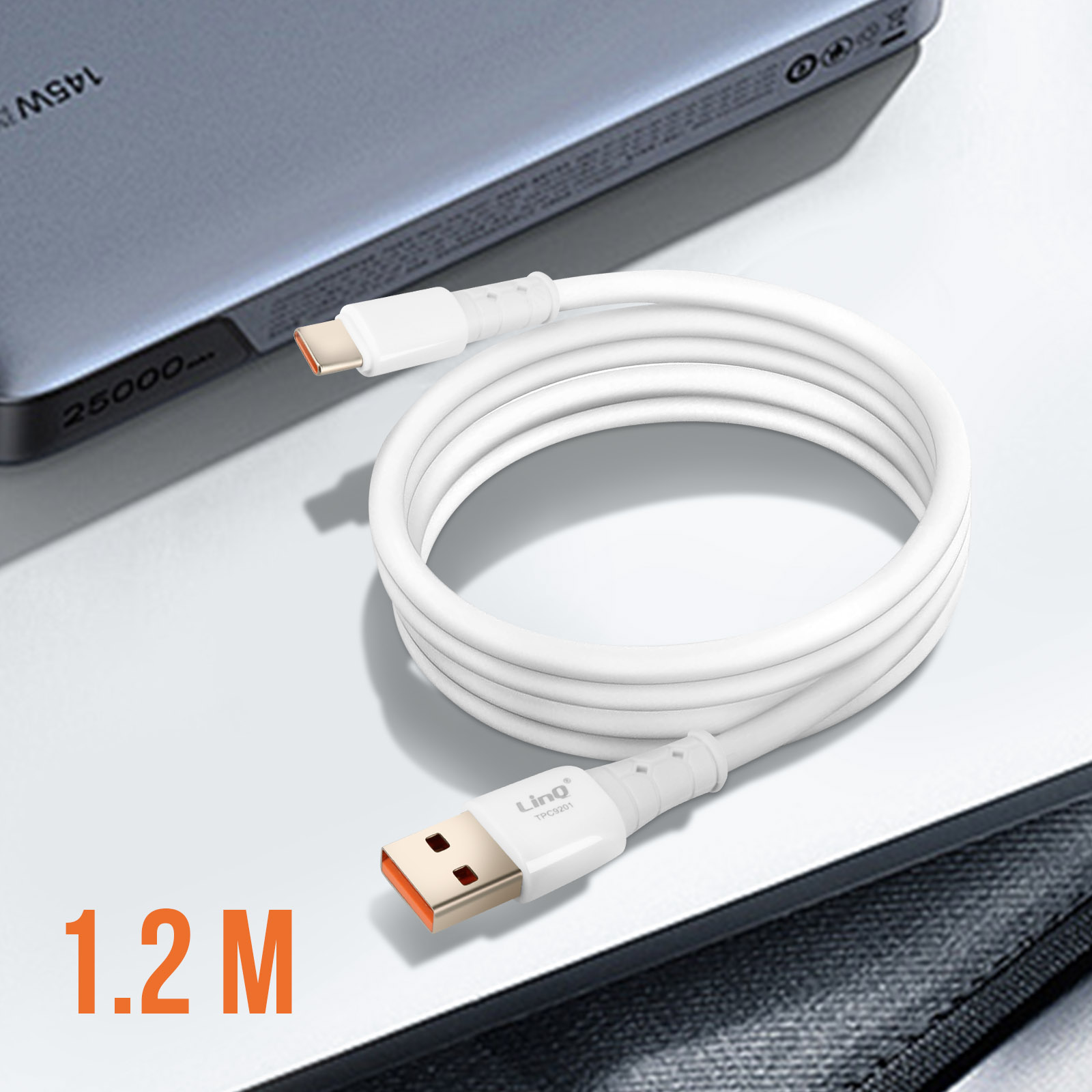 Câble USB vers USB C Fast Charge 5A, Longueur 1.2m, LinQ - Blanc - Français