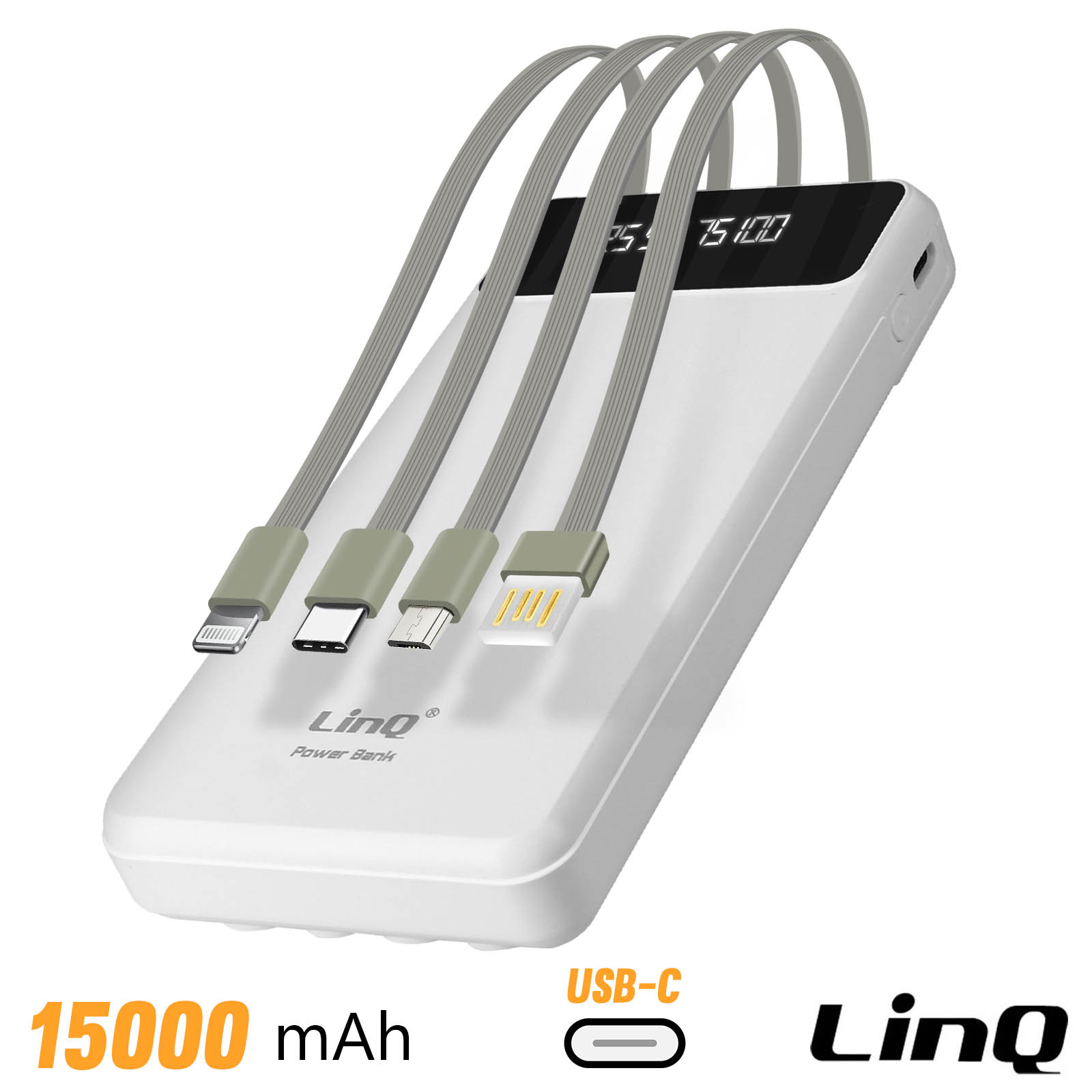 Powerbank 10000 mAh + Câble Lightning et USB C - LinQ Noir - Français