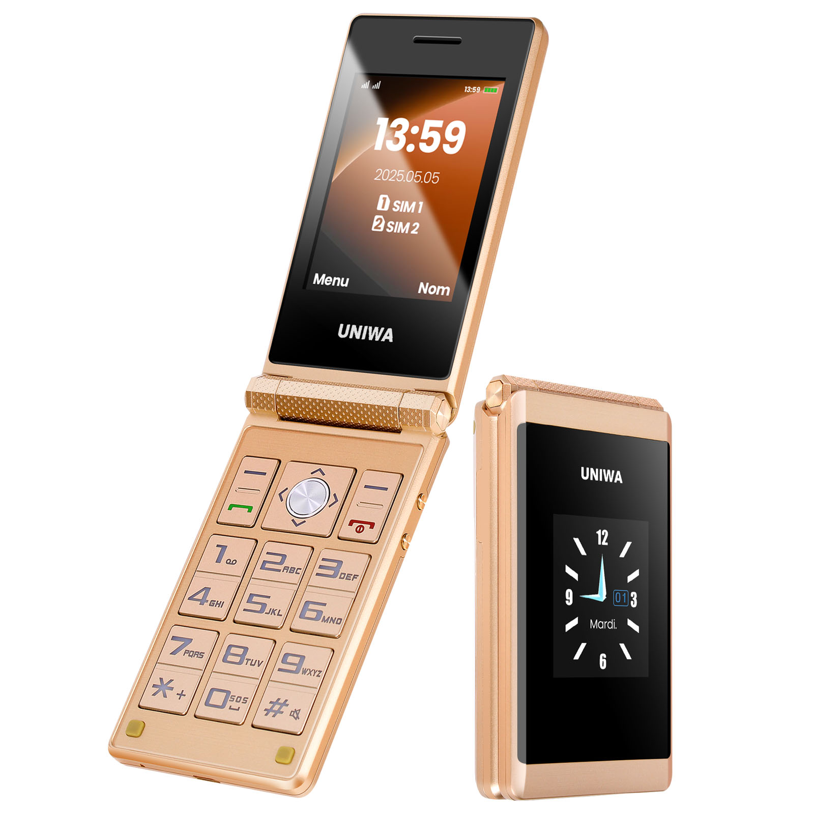 Téléphone à clapet double écran 2.8'' + 1.77'' 1200mAh - Or - Français
