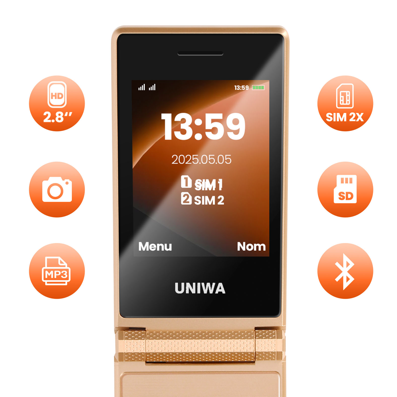 Téléphone à clapet double écran 2.8'' + 1.77'' 1200mAh - Or - Français