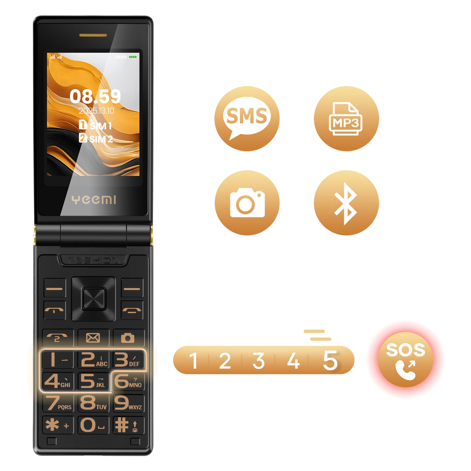 Téléphone Senior à clapet - Écran externe avec Affichage de l'heure ...