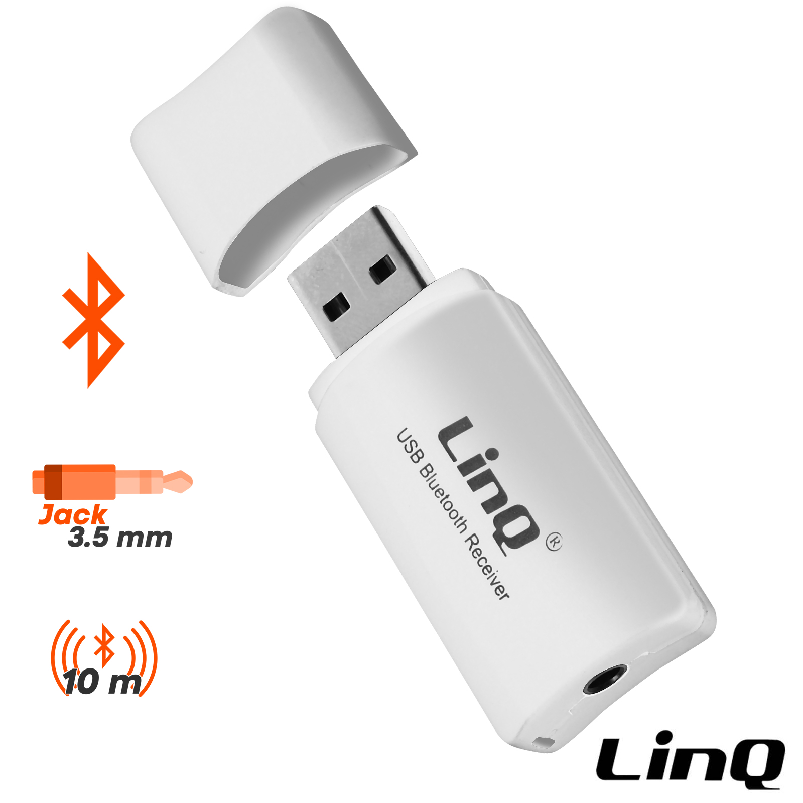 Adattatore audio Bluetooth ricevitore wireless USB con uscita jack cavo jack da 3 5 mm LinQ bianco