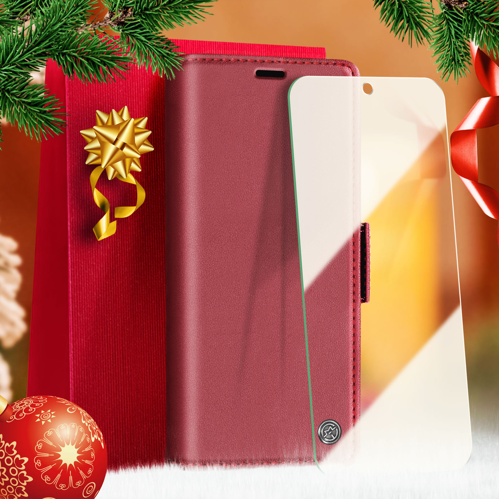 Pack Noël Xiaomi 14 : Étui Folio Rouge et Verre Trempé - Français